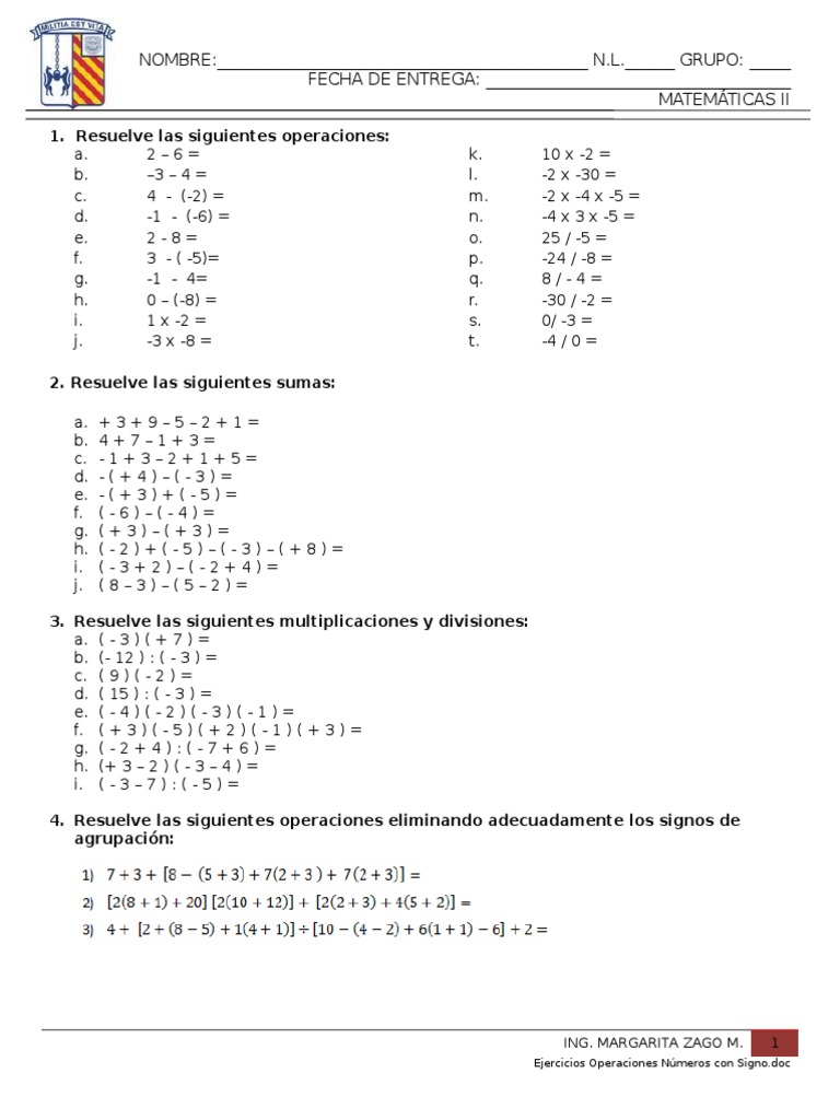 Ejercicios Operaciones Números Con Signo | PDF | Métodos y materiales ...