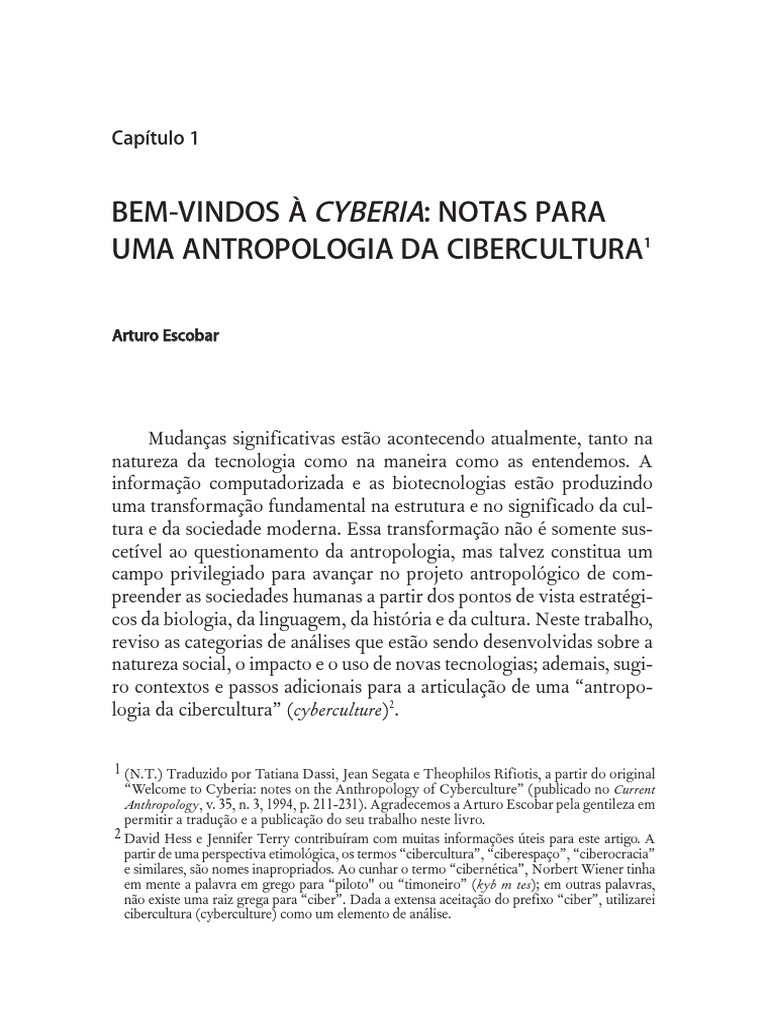 Escobar, Arturo. Bem-Vindos À Cyberia | PDF | Antropologia | Science