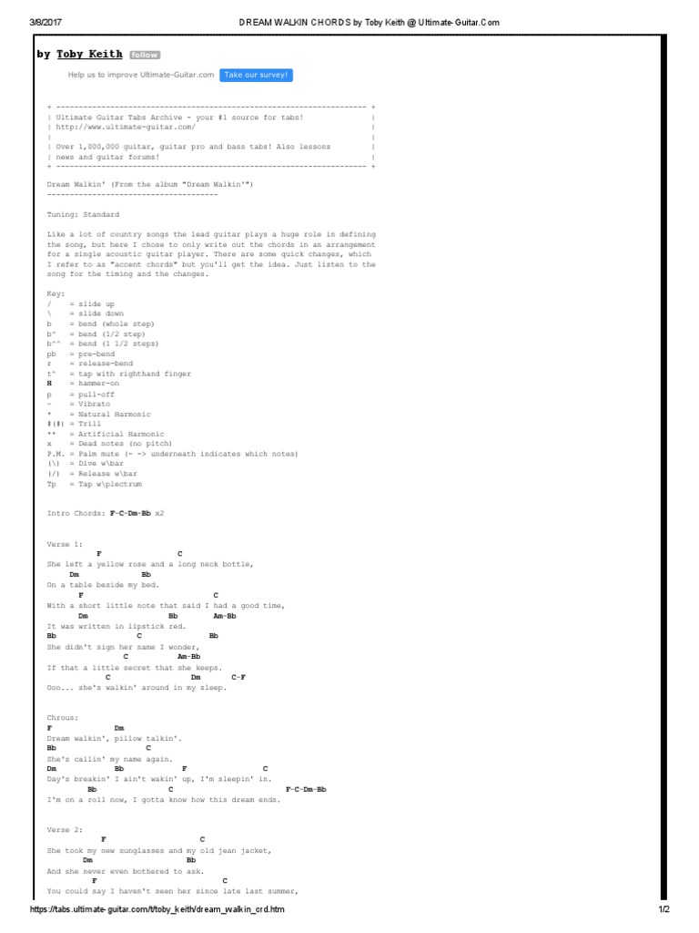 DREAM WALKIN CHORDS by Toby Keith at Ultimate-Guitar | PDF | Guitars ...