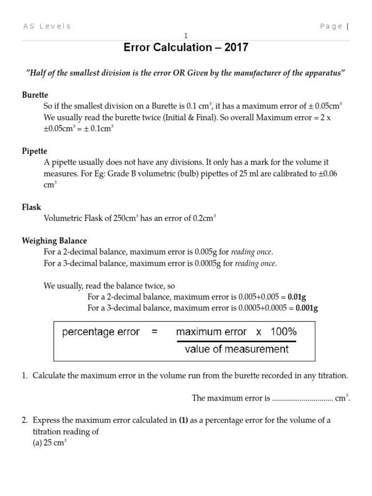 As Practical Error Calculations 1 | PDF | Laboratory Equipment | Volume