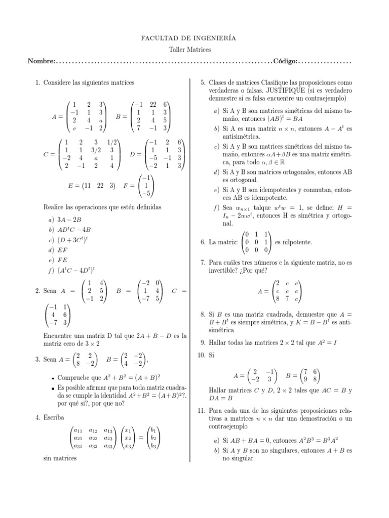 Taller de Operaciones de Matrices PDF | PDF | Matriz (Matemáticas) | Análisis funcional