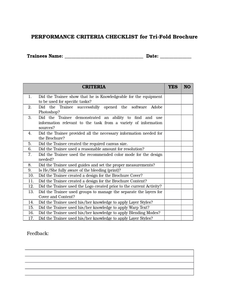 Performance Criteria Checklist For Tri | PDF