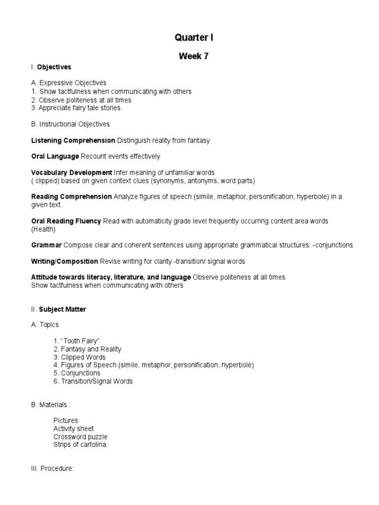 TG-Q1-Week 7 Lesson Plans | PDF | Reading Comprehension | Linguistics