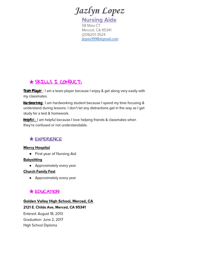 Jazlyn Lopez - Nursing Aide Resume | PDF