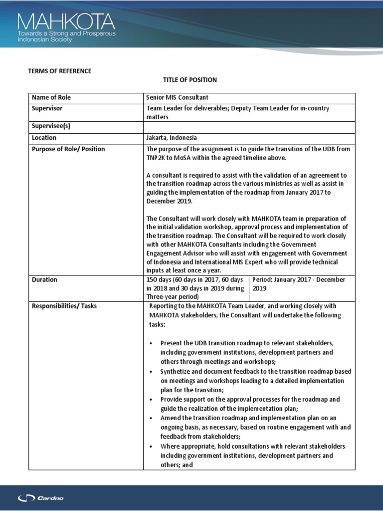ToR-Senior MIS Consultant | Consultant | Business