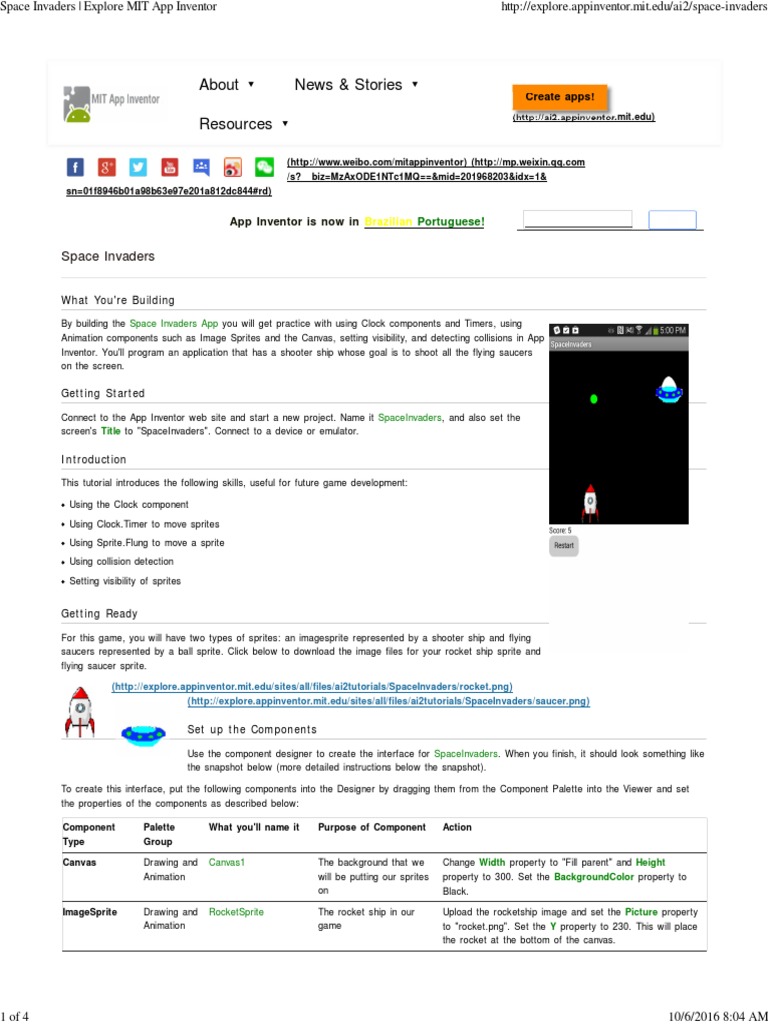 Space Invaders - Explore MIT App Inventor | PDF | Computers ...