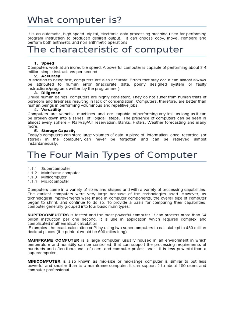 W Hat Computer Is? The Characteristic of Computer | PDF | Microcomputers | Classes Of Computers