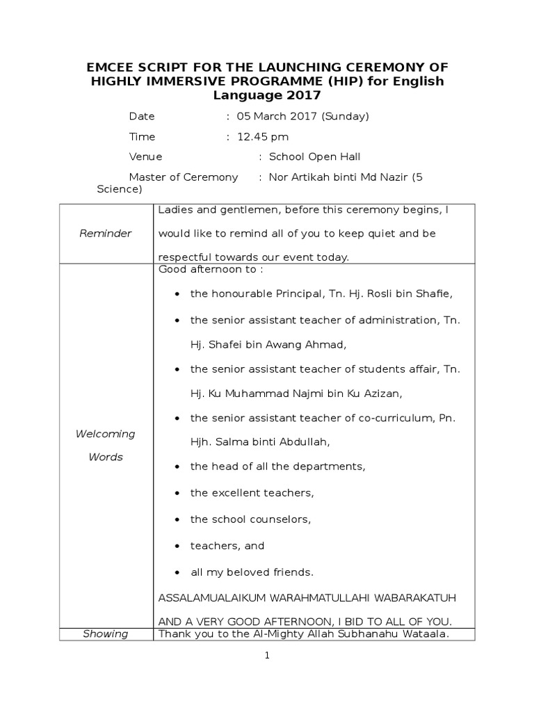 Emcee Script For Hip Launching Ceremony | PDF