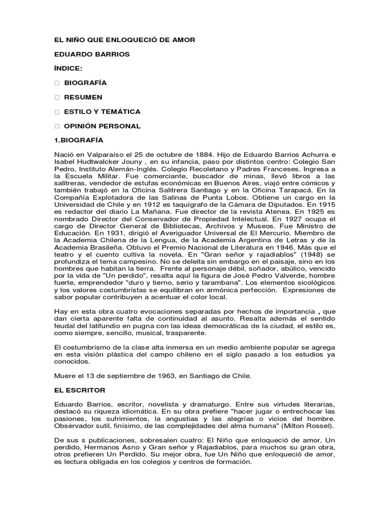 El Niño Que Enloquecio de Amor - Resumen y Analisis | PDF