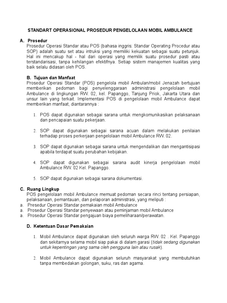 SOP Pengelolaan Mobil Ambulance RW.02 | PDF | Bisnis | Pengelolaan ...
