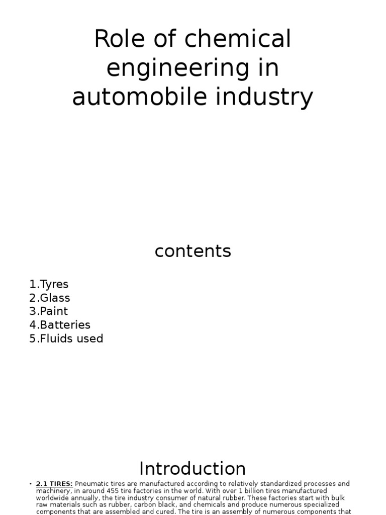 Chemical Engineering in Automotive Industry | PDF | Fuel Cell | Tire