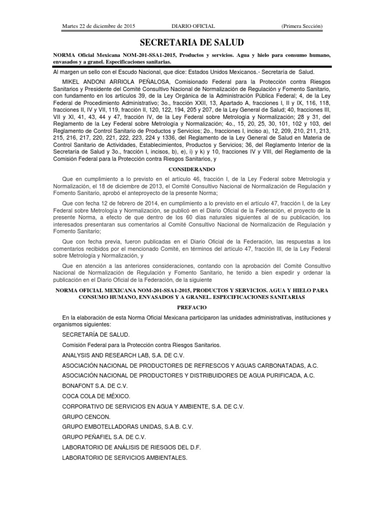 Nom 201 Ssa1 2015 | PDF | Agua potable | Agua