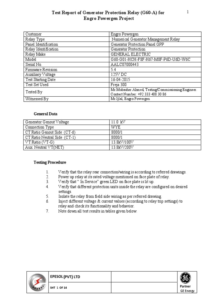 Functional Testing of G60 A Test Results Engro PDF | PDF | Relay | Voltage