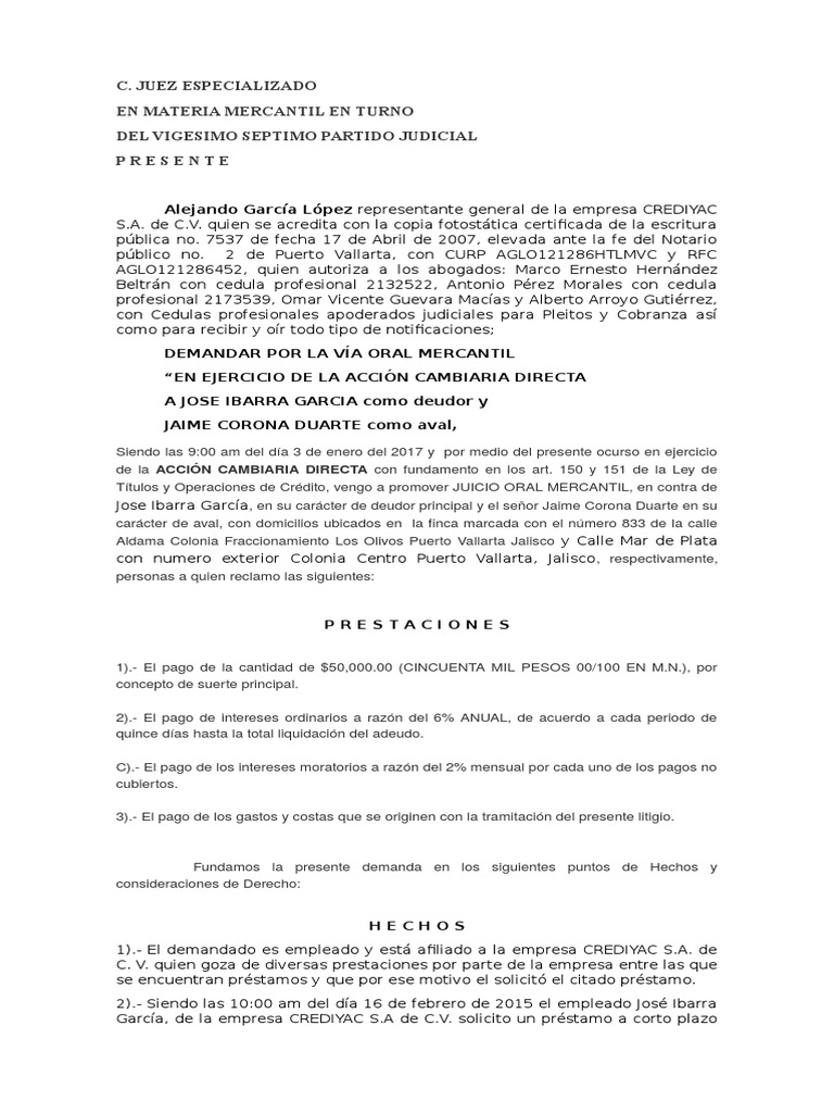 Demanda Juicio Oral Mercantil Pagos Demanda Judicial