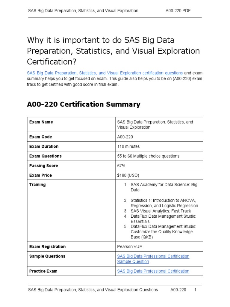 Certification Guide On SAS Big Data Preparation, Statistics, and Visual Exploration (A00-220 ...