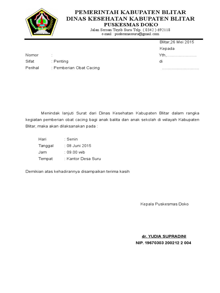 Surat Pemberian Obat Cacing | PDF