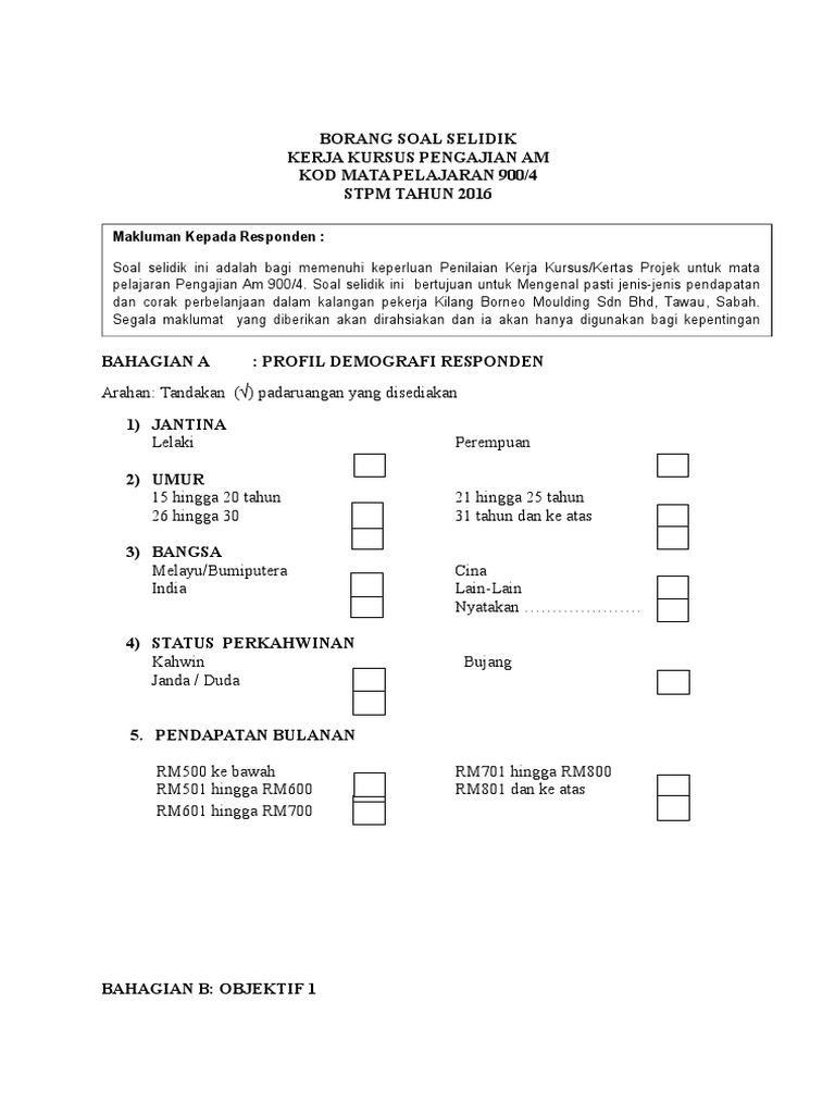 Borang Kaji Selidik Contoh | PDF