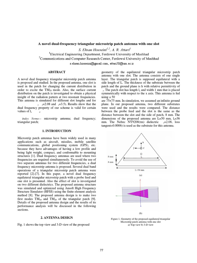 A Novel Dual Frequency Triangular Microstrip Patch Antenna With One Slot PDF | PDF | Antenna ...