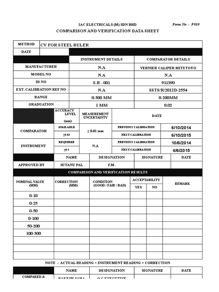 F010-Comparison and Verification Data Sheet | PDF