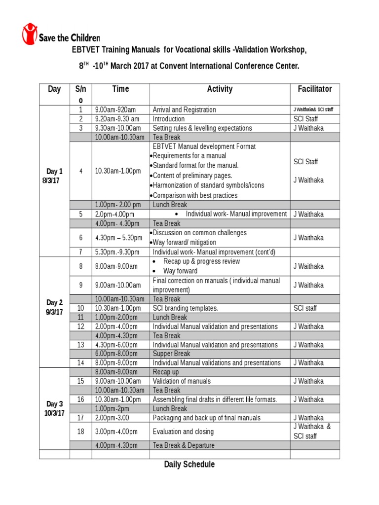 Workshop Daily Validation Schedule 2017 | PDF | Business
