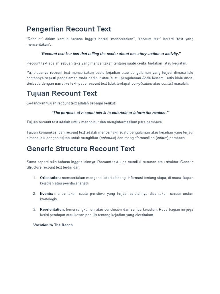 Pengertian dan Tujuan Recount Text | PDF | Kajian Bahasa Asing