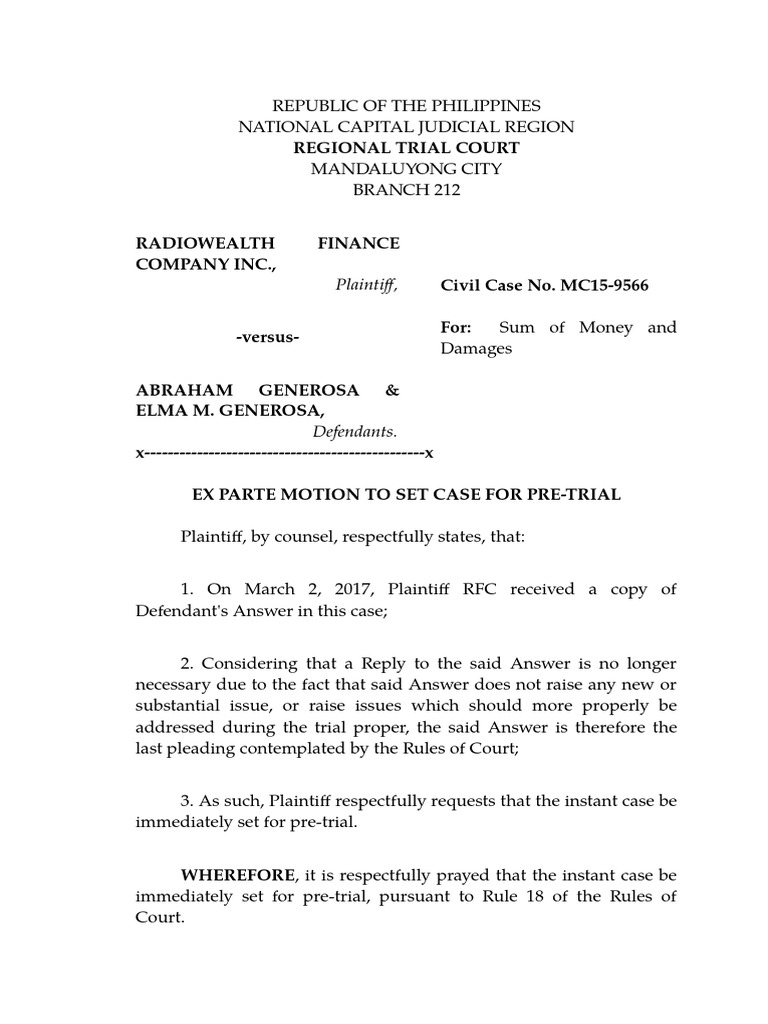 6. Motion to Set Case for Pre Trial - Generosa | Lawsuit | Virtue