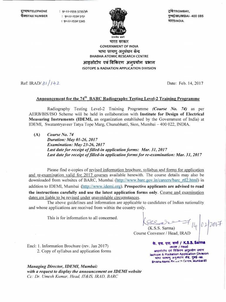 BARC Level-2 Radiography Training 2017 | PDF | Energy Development | Inquiry