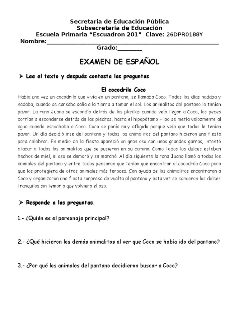 Examen de Español 2do Grado de Primaria | PDF | Ocio | Naturaleza