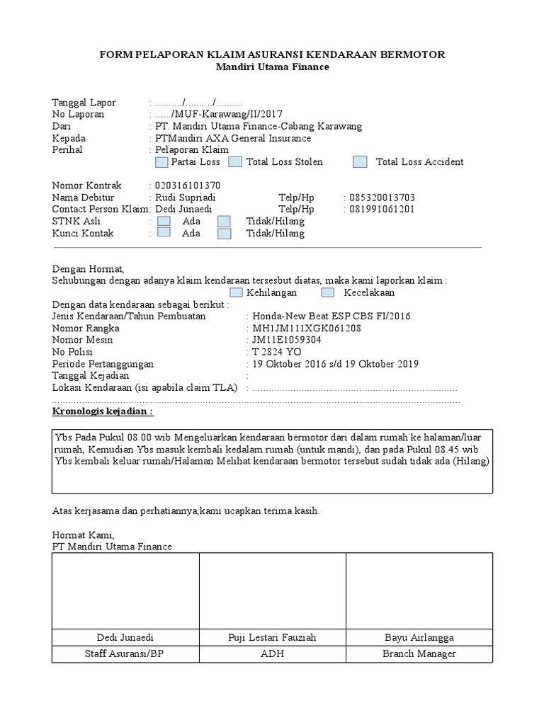 Form Klaim Asuransi Kendaraan Bermotor | PDF