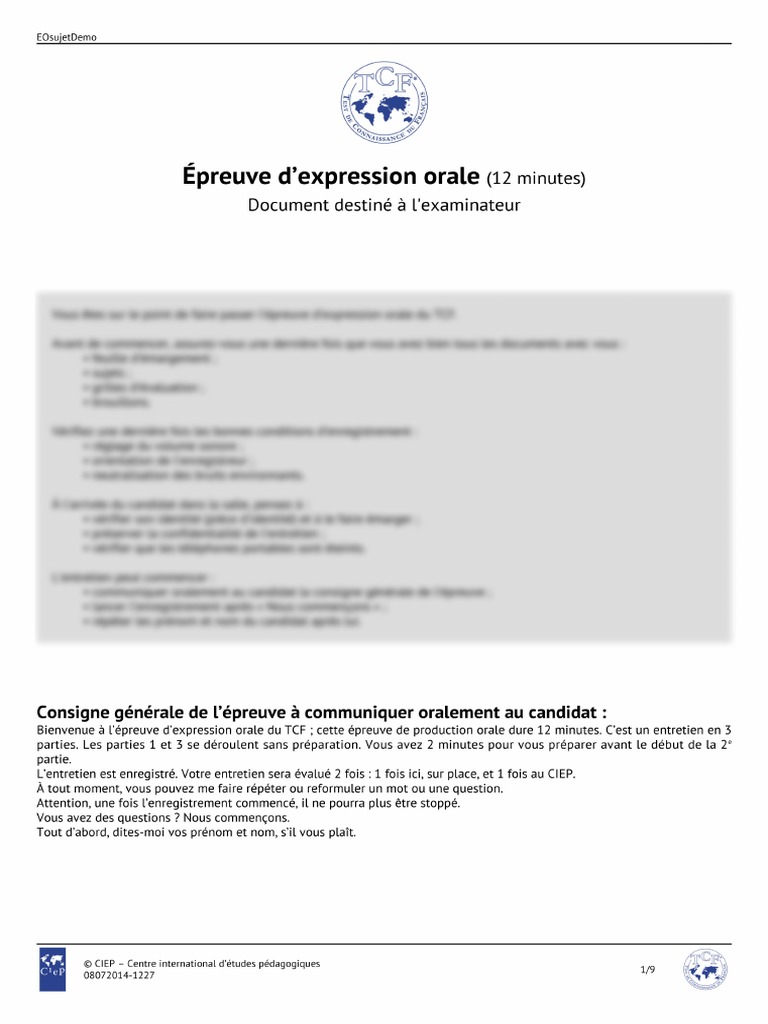 Exemple Sujet Expression Orale TCF PDF | PDF