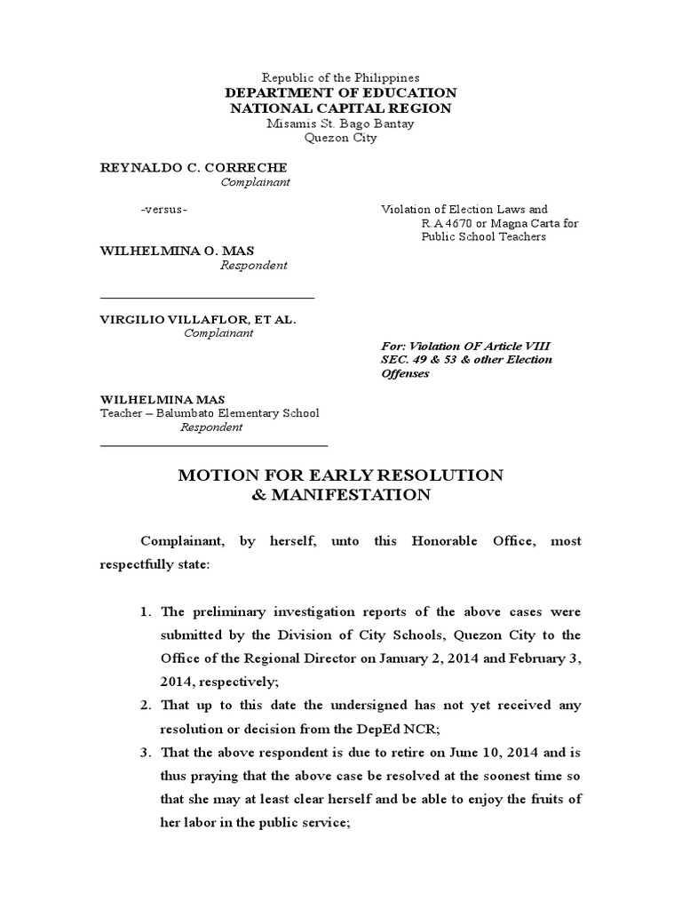 Motion for Early Resolution (Retirement) | Public Sphere | Common Law