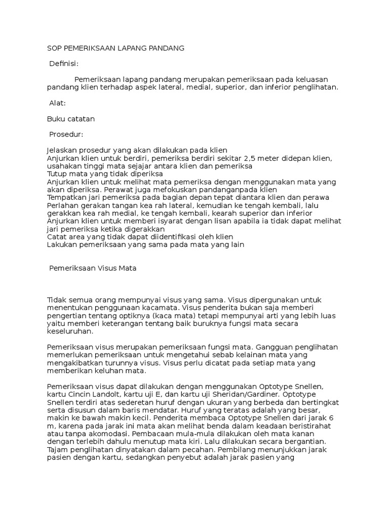Sop Pemeriksaan Lapang Pandang | PDF