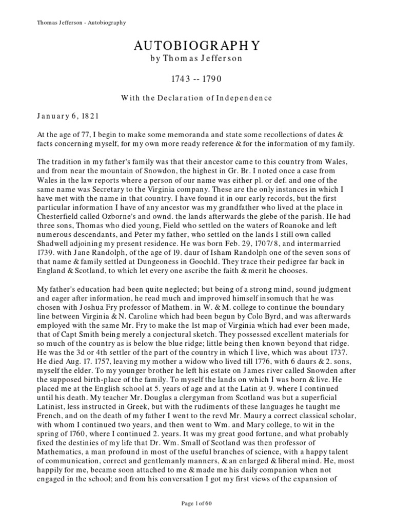 Thomas Jefferson - Autobiography | PDF | United States Declaration Of ...