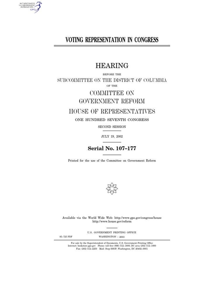 House Hearing, 107TH Congress - Voting Representation in Congress | PDF ...