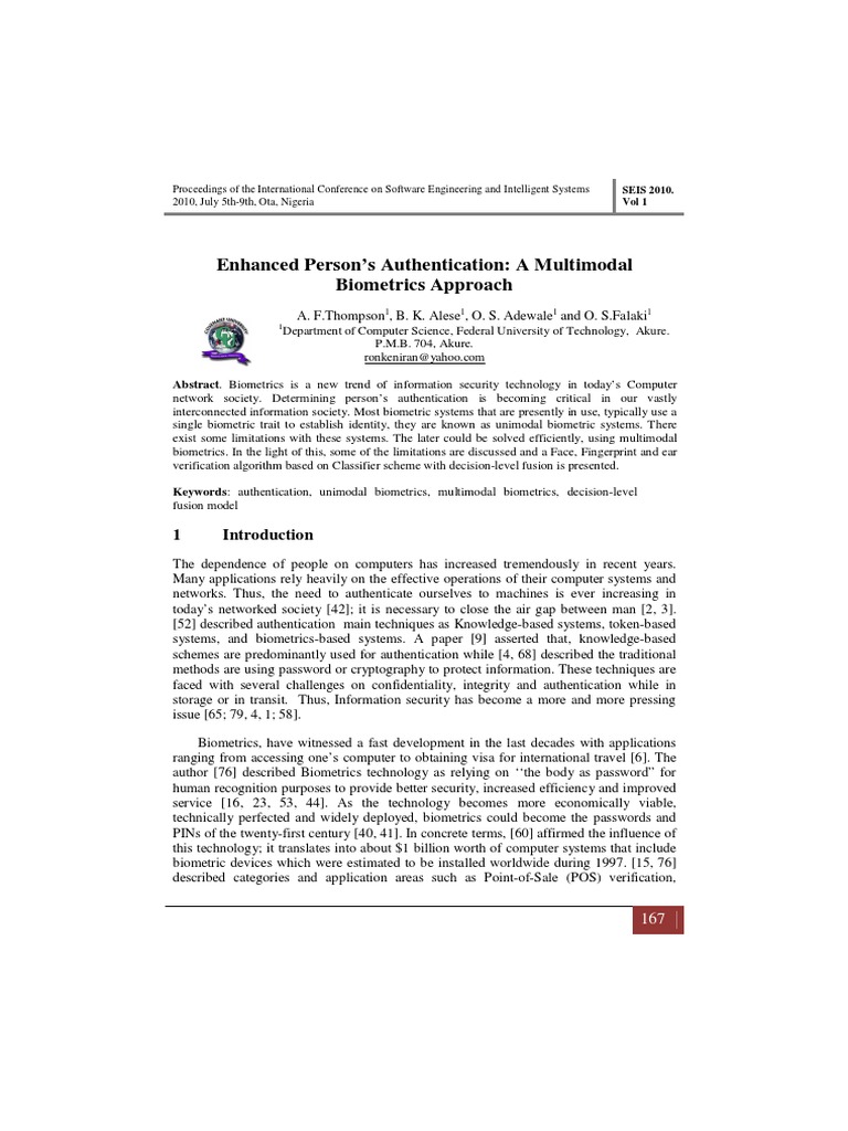 Enhanced Person's Authentication A Multimodal Biometrics Approach PDF ...