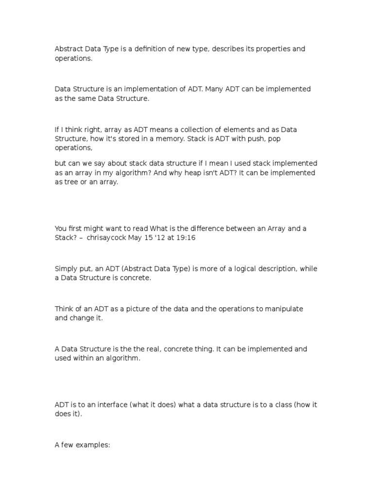Difference between Abstract Data Type (ADT) and Data Structure | PDF ...
