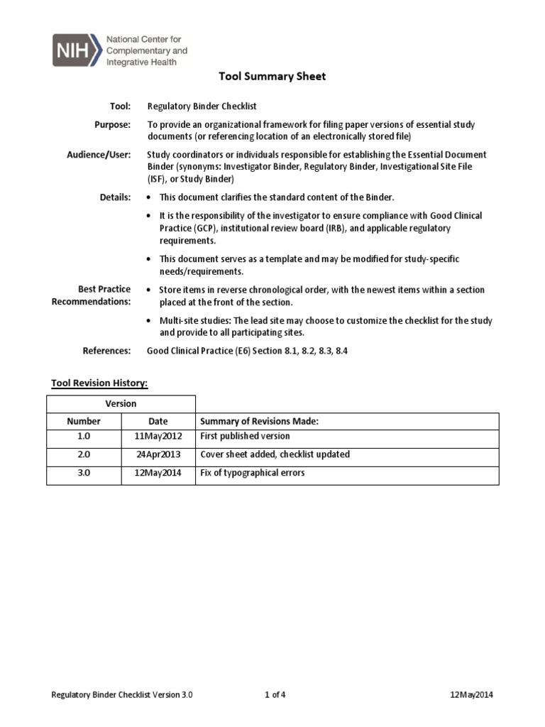Regulatory Binder Checklist | PDF | Institutional Review Board ...