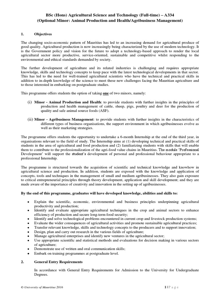 University of Mauritius BSC (Hons) Agriscience and Technology (Minor ...