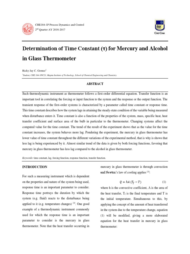 Lab Experiment 1 L Time Constant of In-Glass Thermometer | PDF ...