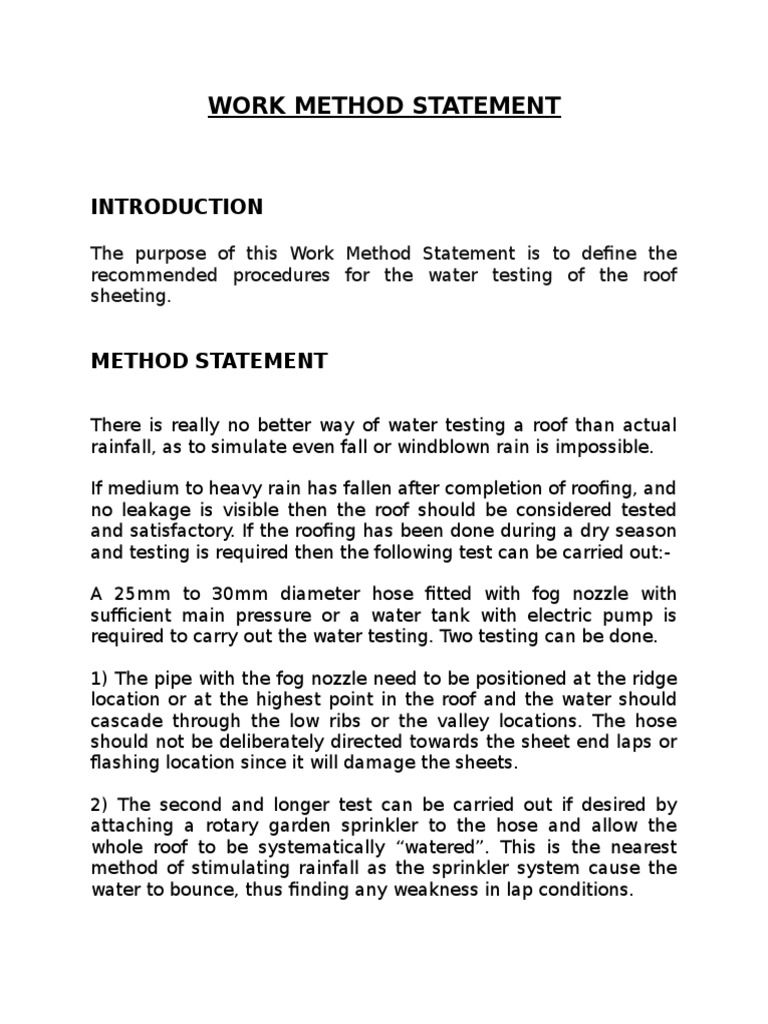 Work Method Statement Roof Water Testing