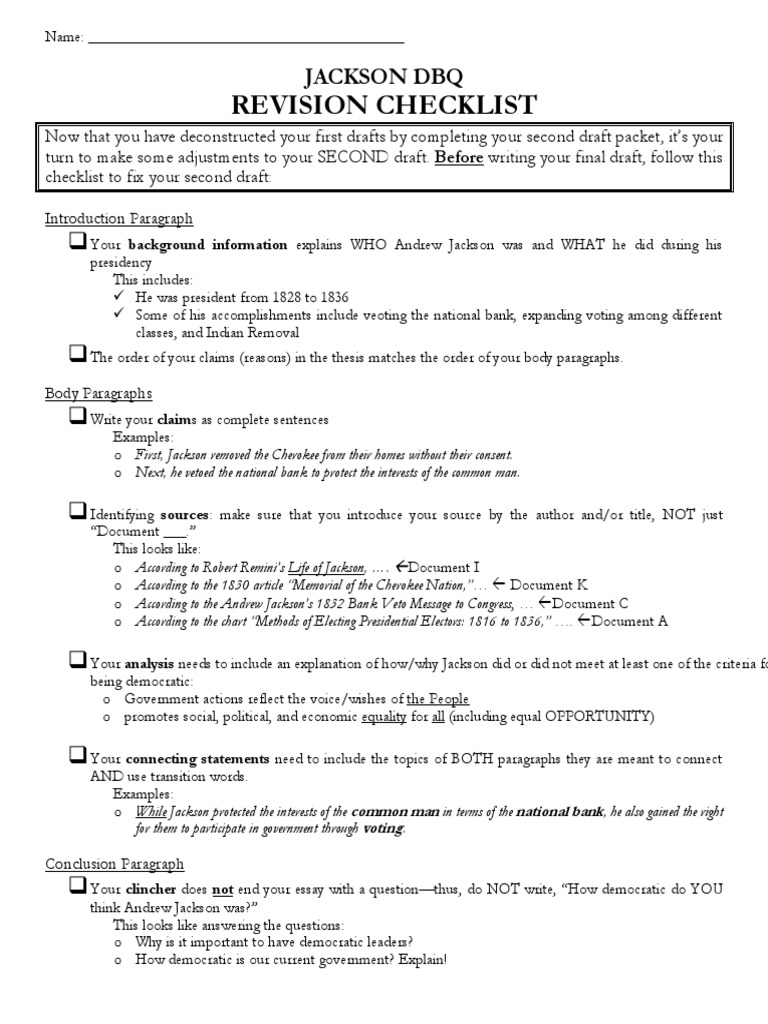 Jackson DBQ Revision Checklist | PDF | Politics | Social Science