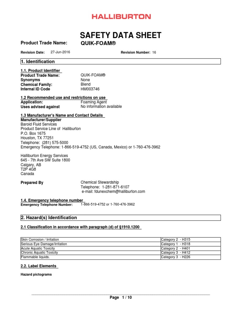 Safety Data Sheet - Quik-Foam | PDF | Personal Protective Equipment ...
