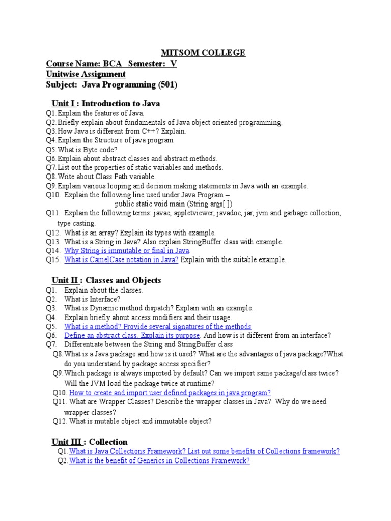 Mitsom College Course Name: BCA Semester: V Unitwise Assignment Subject: Java Programming (501 ...