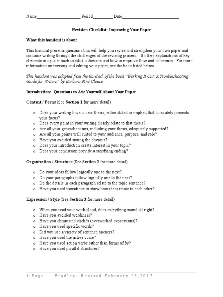 Paper Revision Checklist Guide | PDF | Thesis | Paragraph