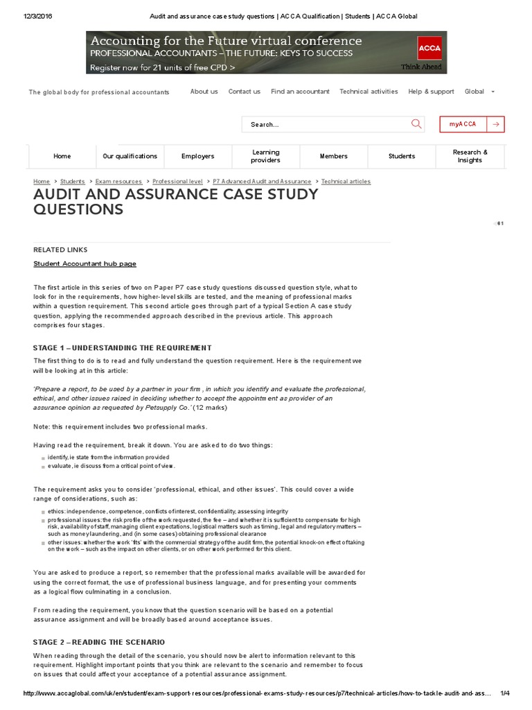 Audit and Assurance Case Study Questions - ACCA Qualification ...