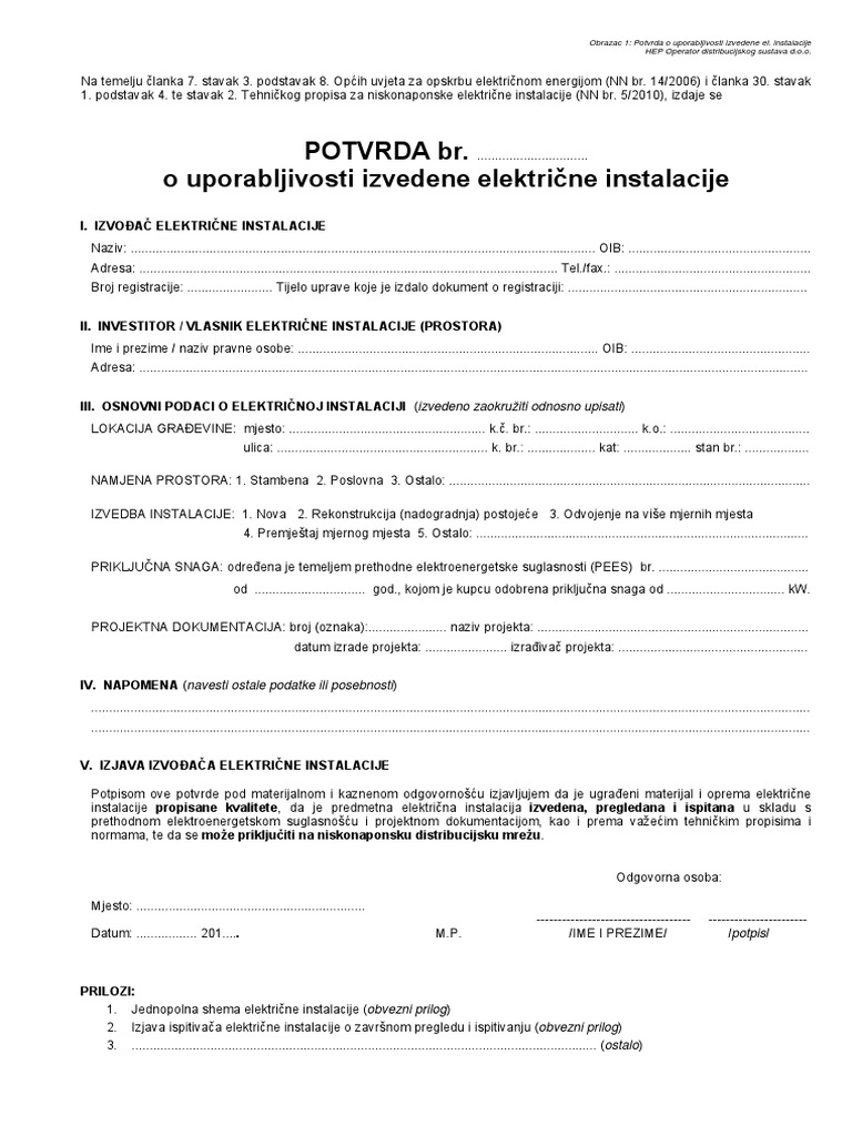 Obrazac 1 Potvrda o Uporabljivosti Izvedene El Instalacije 07 2011