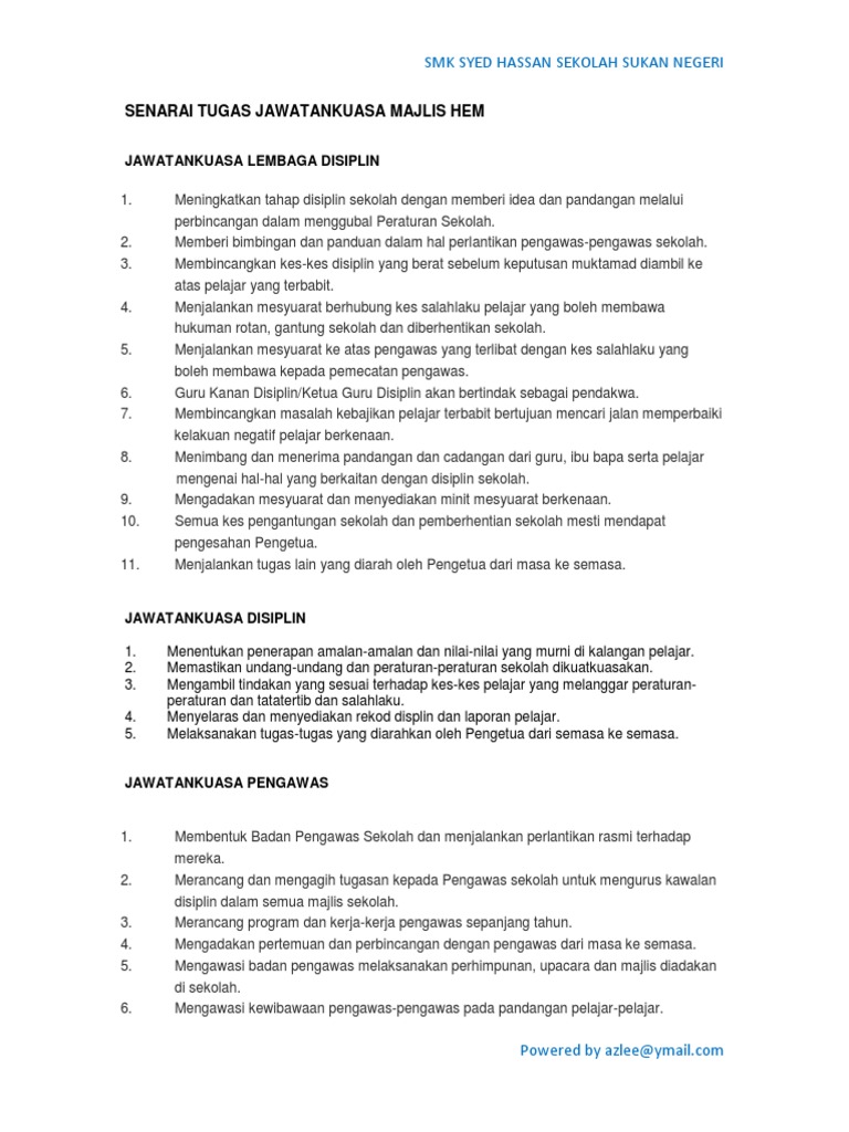 Senarai Tugas AJK Unit Hem PDF | PDF