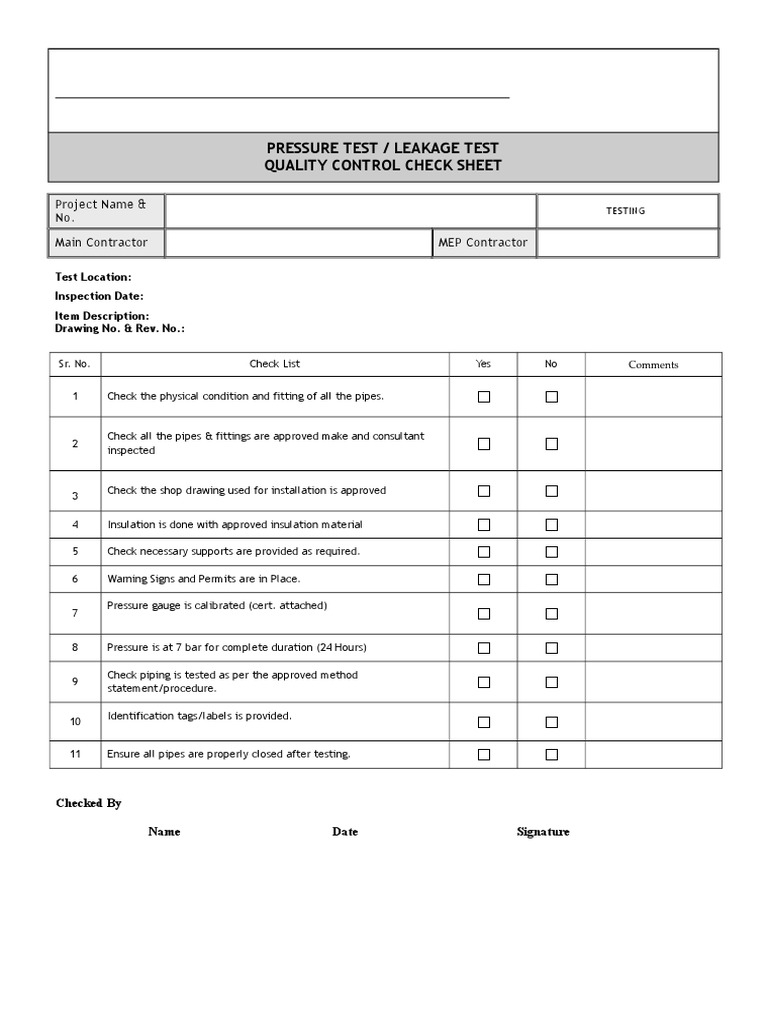 Pressure Test / Leakage Test Quality Control Check Sheet: Project Name ...