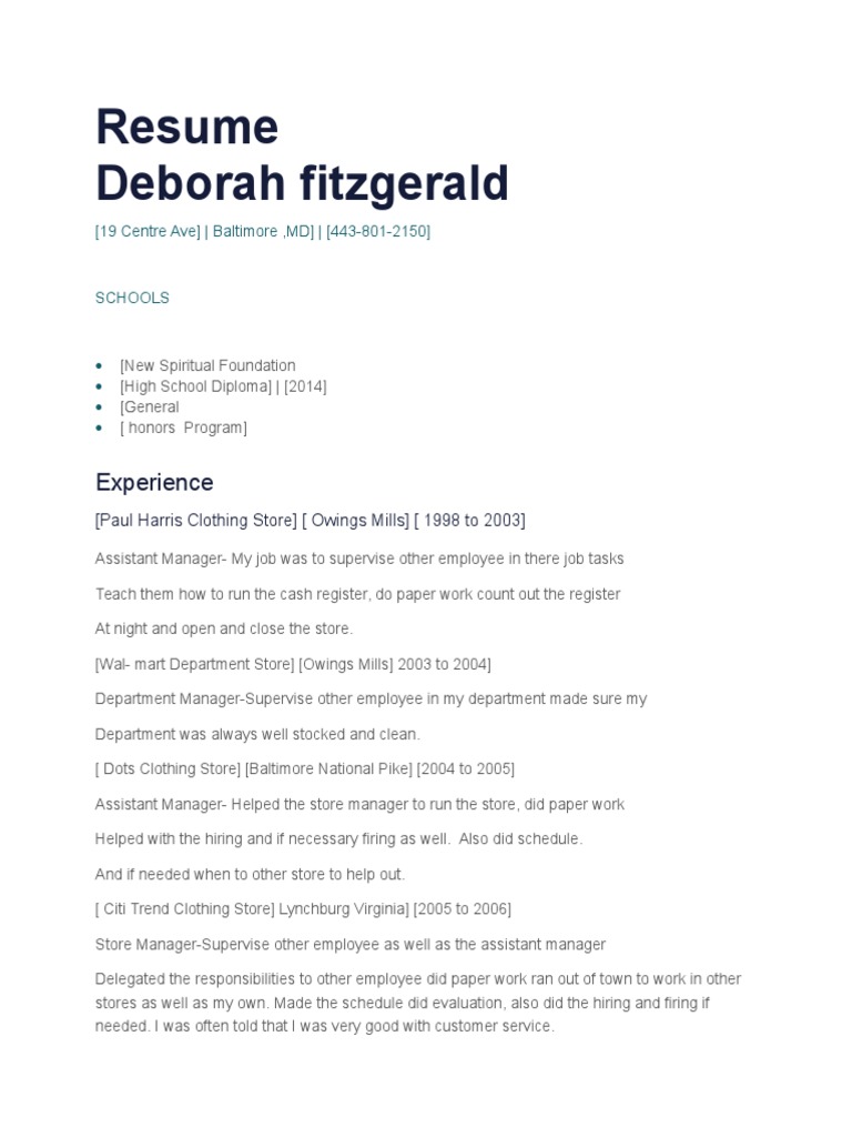 Resume Deborah Fitzgerald: Experience | PDF