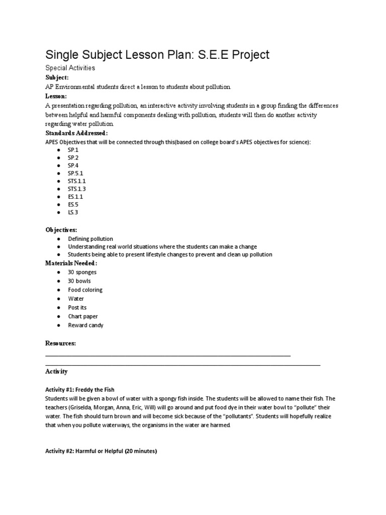 Single Subject Lesson Plan: S.E.E Project | PDF | Self-Improvement ...
